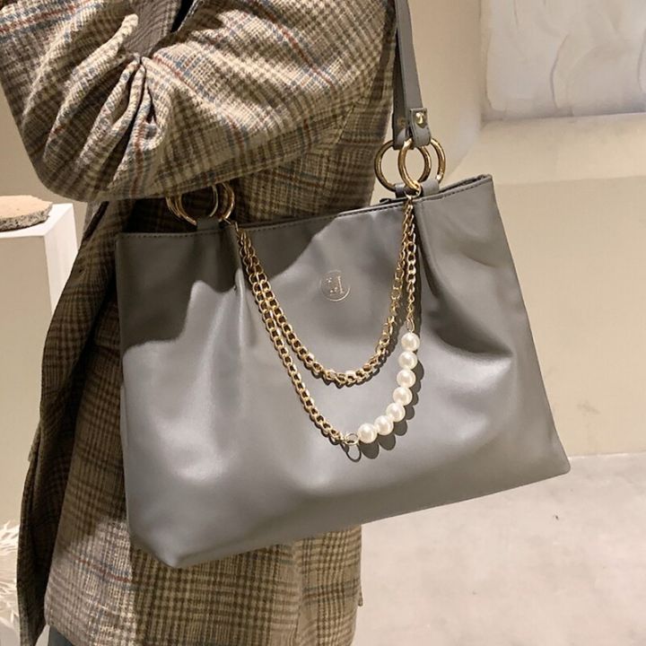 Gray Women Shoulder Bags 2024 New Pearl Chain Design Tote Bag Big Pu ...