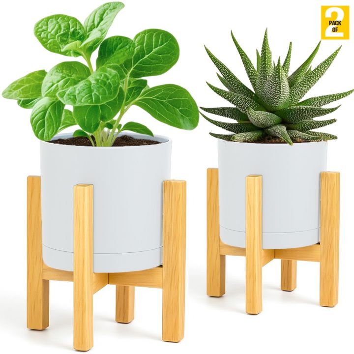 Fast Forward Modern Cylinder Planter Pots with Drainage & Wooden Stand ...