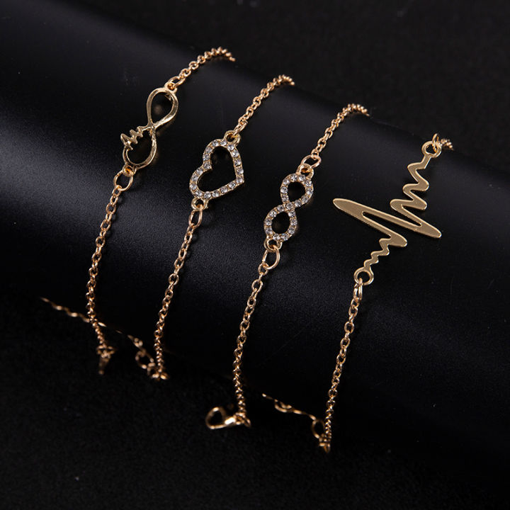4 Piece Set Bohemian Bracelet ECG Heart Shaped Crystal Charm Bracelet ...