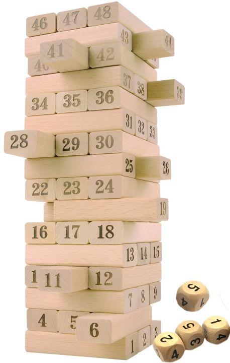 Wooden Stacking Tower Puzzle- With Numbers & Dice-48 Pcs Stacking Game ...