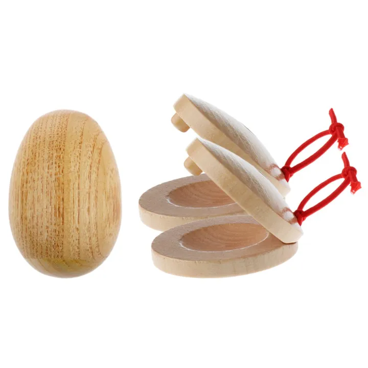 A Pair Wooden Castanets + 1 Piece Handcrafted Wooden Egg Rattle Toy for ...