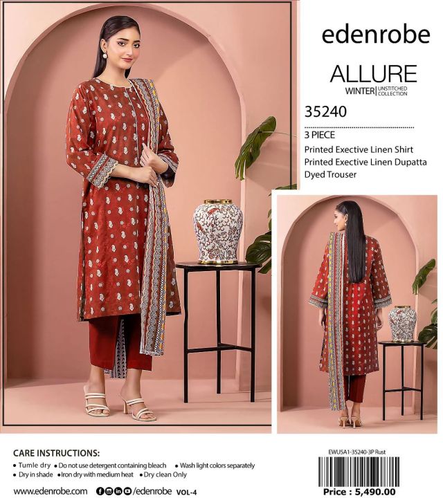 Edeenrobe Digital Printed Linen 3pc Unstitched Winter Collection 2025