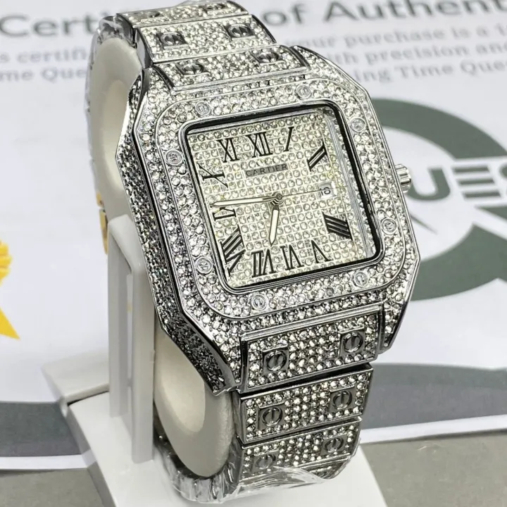 CARTIER Luxury Fashion Iced Out Stainless Steel Watch for Men Square ...