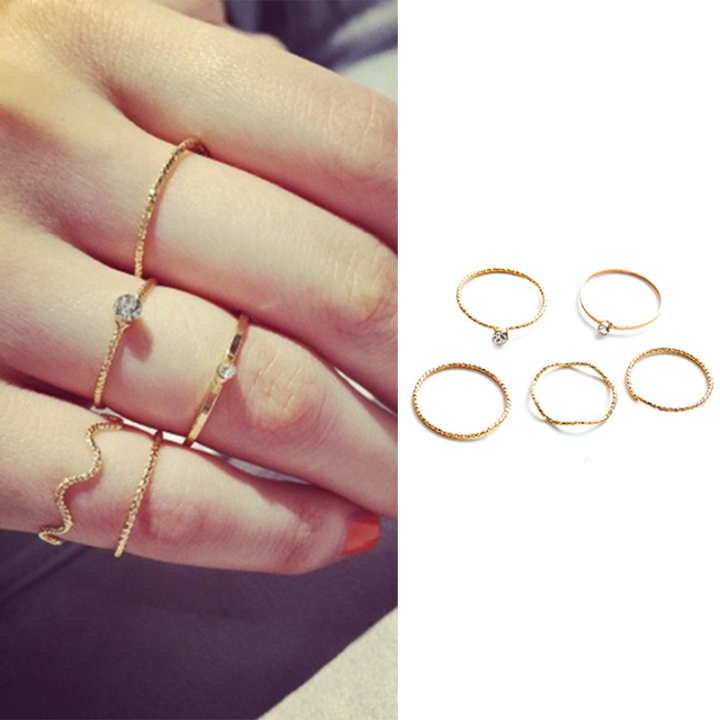 New 2025 5Pcs/Set Simple Crystal Wave Gold Rings Set Women | Daraz.pk