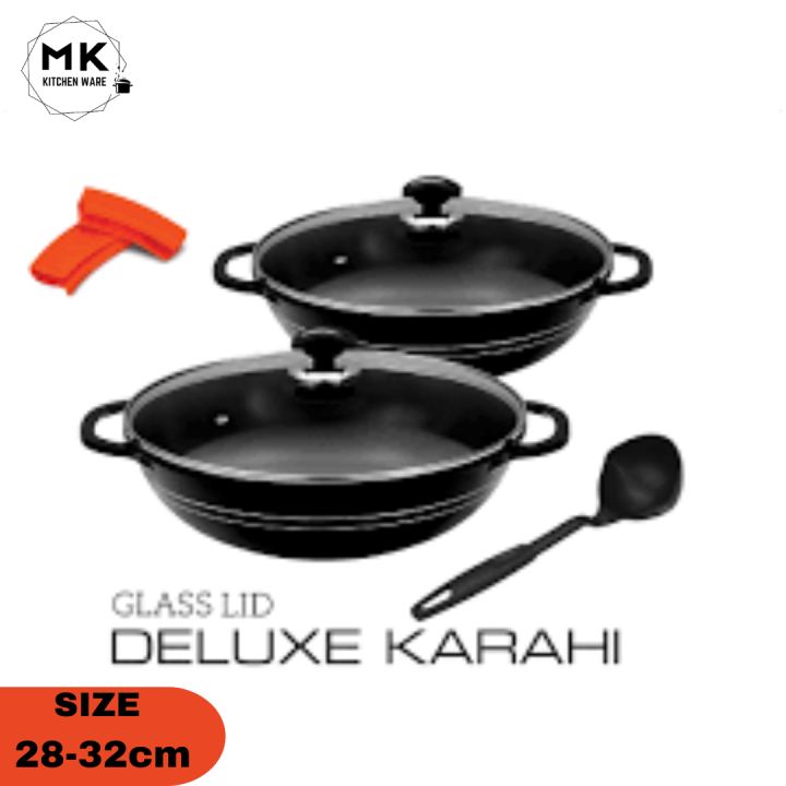 Non Stick Karahi, Sonex Die-Cast Non-Stick Karahi Deluxe with Glass Lid (28cm–32cm) – Premium ...