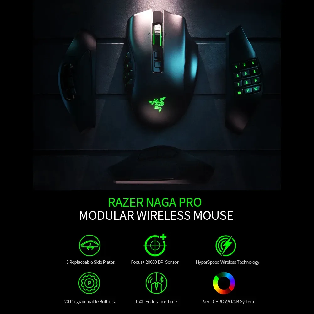 Razer Naga Pro with Swappable Side Plates Modular Wireless Gaming Mouse ...