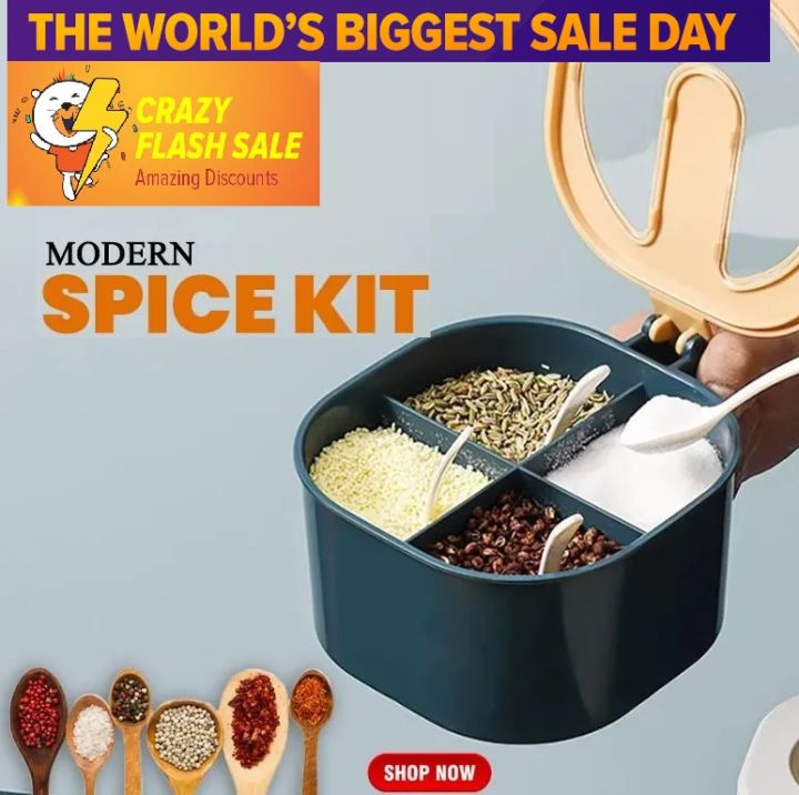 4 In 1 Partition Kitchen Seasoning Box Masala Box Set 4 Grid Portion ...
