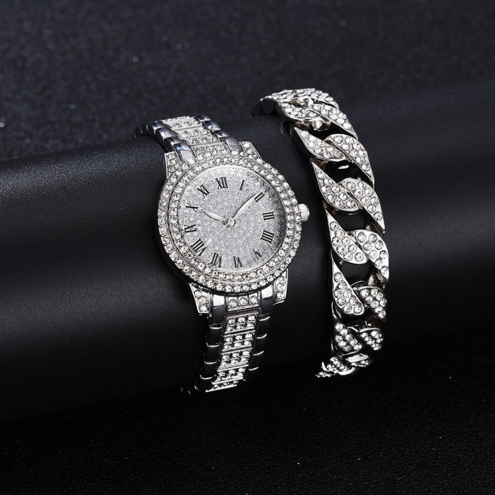 Full Diamond Roman Literal Steel Band Watch Full Sky Star Style Business Quartz Watch Hip Hop ...