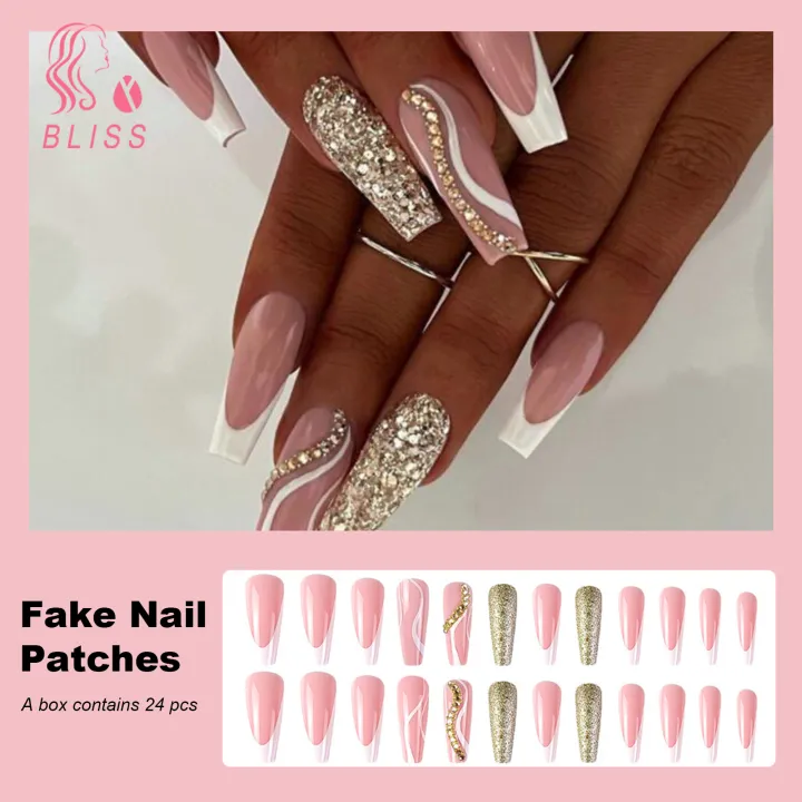 Bliss 24Pcs Waterproof Gel Fake Nails Full Cover Long T Artificial ...