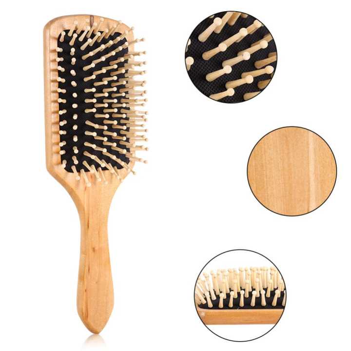 CHINONE Natural Wooden Hair Brush with Round Tip Wooden Bristles Wooden ...