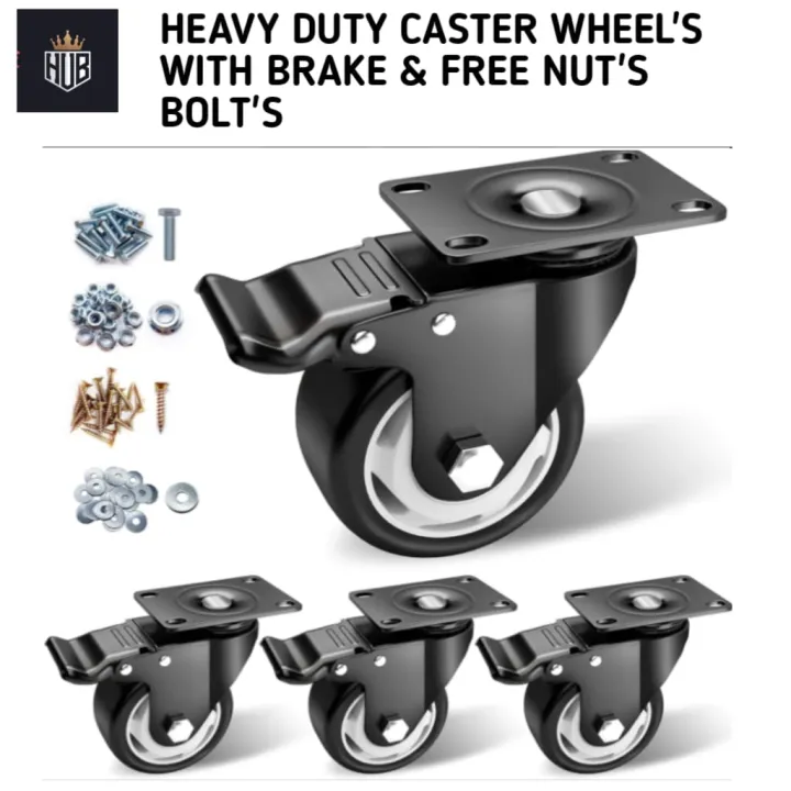 Heavy Duty Caster Wheels (Size 1.5 Inch / 2 Inch), (4 Pcs) with Brake ...