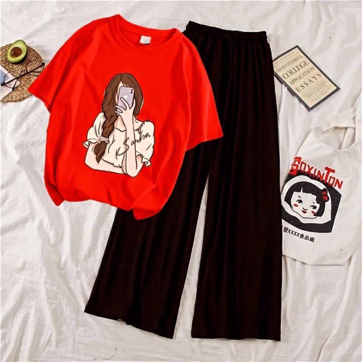 Premium Summer Printed Crop Top and Black Flapper Suit | Daraz.pk