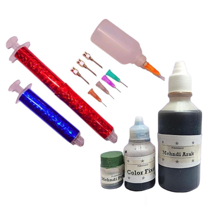 mehndi injection pens kit & liquid material with 2 pen,1 bottle & 8 ...