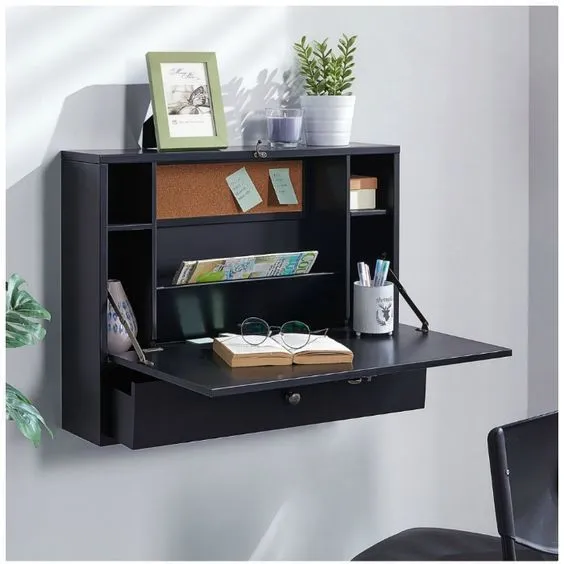 FlexiFold™ Wall-Mounted Foldable Study Table with Storage Shelves ...