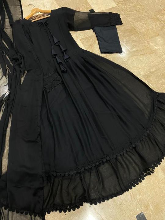 Two Layer Border Front & Back Lace work Long Flare Maxi With Plain ...