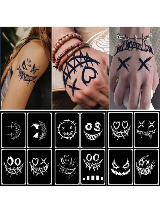 3Sheets Tattoo Stencil Smiling Face Hand Back Tattoo Patterns Temporary ...