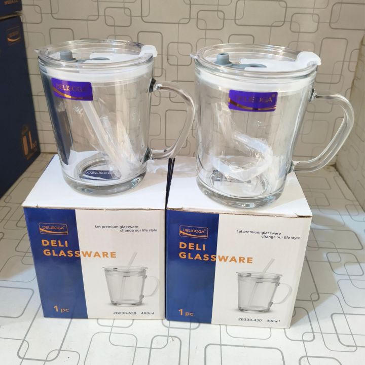 2Pcs Glass Airtight Juice Mug 400 ml with Straw and Plastic Lid ...