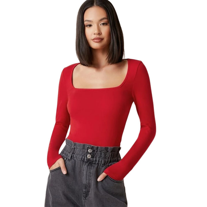 SQUARE NECK FORM FITTED TEE FULL SLEEVES | Daraz.pk