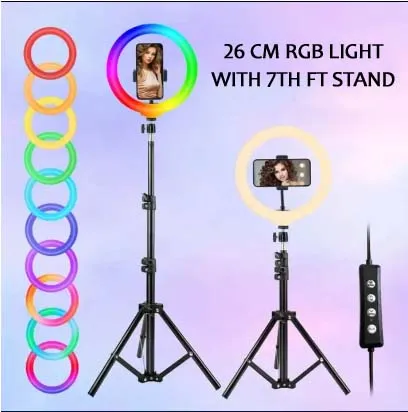 MJ26 10 Inch Selfi RGB Ring Light With Mobile Holder & 7 Feet Tripod Stand Led Photographic ...