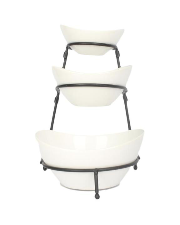 Nova 3 Pcs Ceramic White Bowl Set With Black Metal Stand | Daraz.pk