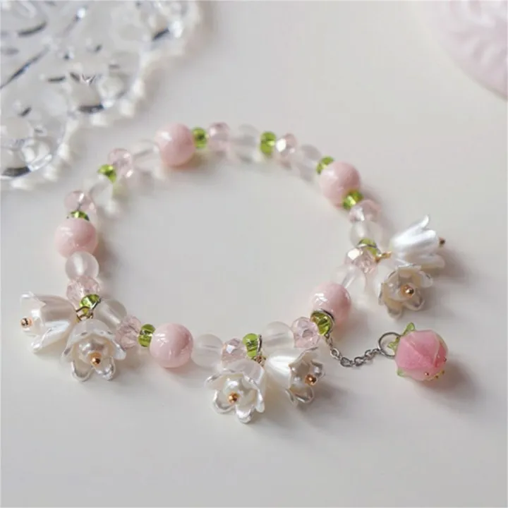 Sweet Cute Vintage Flower Beaded Bracelet Fashion Tassel Peach Pendant ...