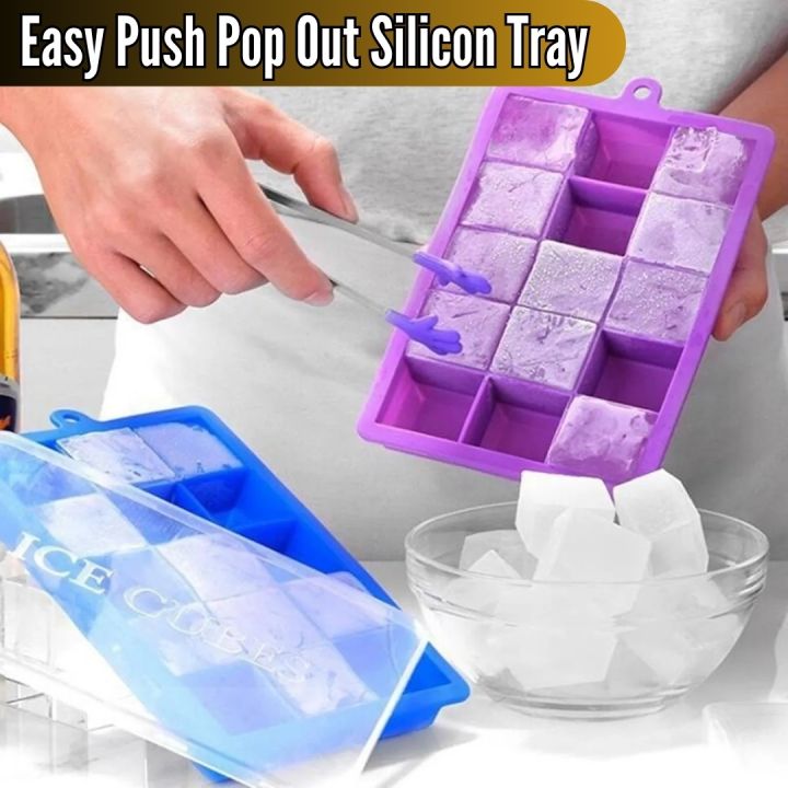 ICE CUBE TRAY Easy Push Pop out Square Silicon Ice Cubes Tray 15 Cubes ...