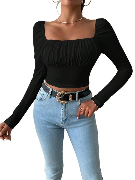 SQUARE NECK RUCHED BUST CROP TEE | Daraz.pk