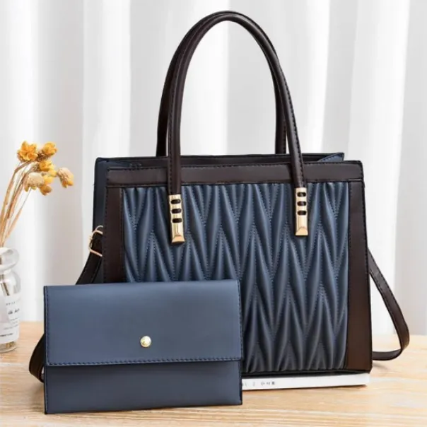 Diamond Texture Lattice Two Piece Hand Bag Set- Blue | Daraz.pk