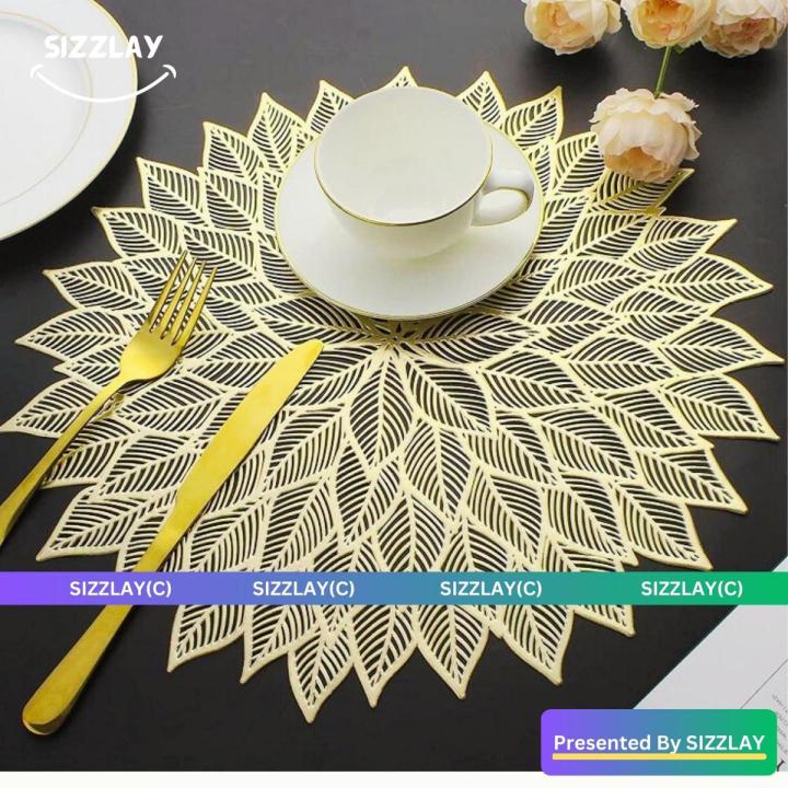 Gold Round Placemats for Dinner Table Set of 2/4 Metallic Hollow Out ...