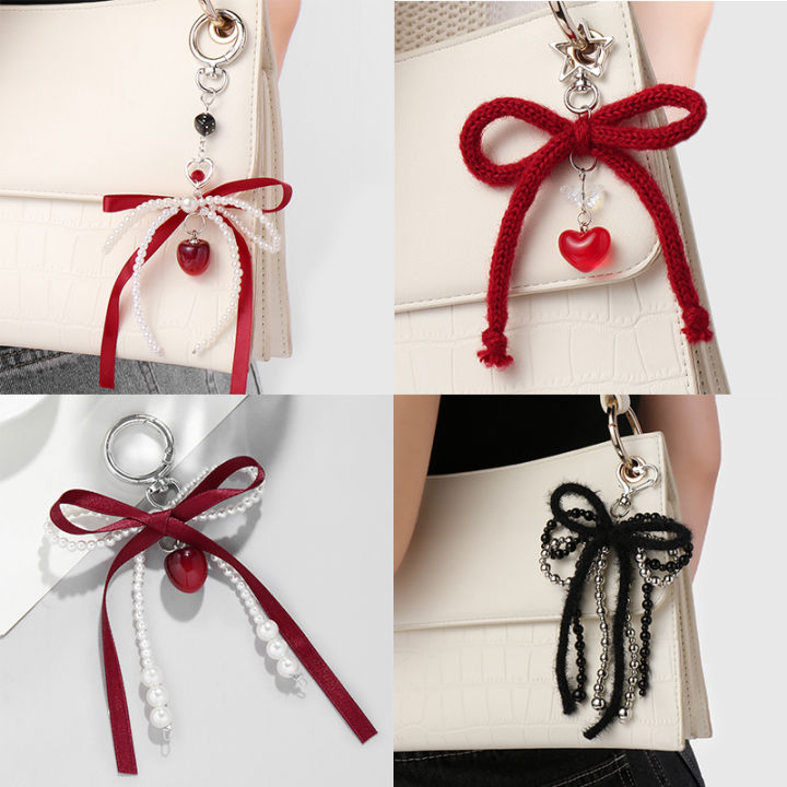 Red Cherry Pearl Keychain Ribbon Bowknot Keyring Bag Pendant Key Hanging Decor Watty Store ...