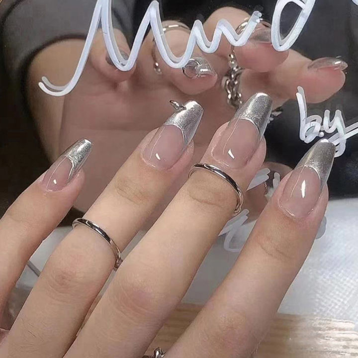 Fake Nails Stickers 24pcs Long Mirror Silver Wearable Nail Stickers ...