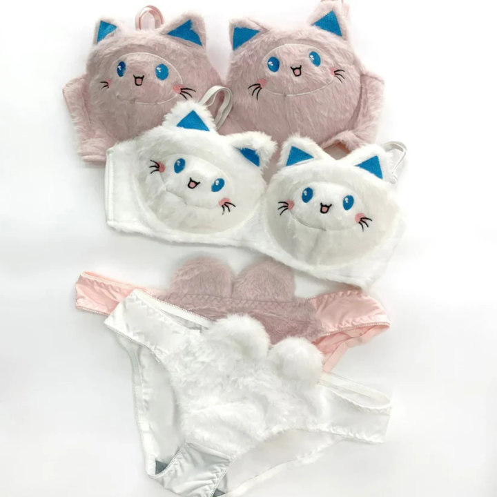Bra Cute Fluffy Cat Design Bra & Panty Set for Women – Winter Soft Fur ...