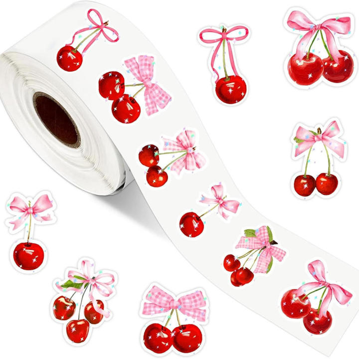 Baking Label Red Cherry Sticker Self-Adhesive Cherry Bow Stickers 3.8cm ...