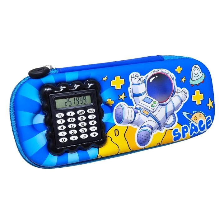 Space Printed 3D Cover Pencil Case with Calculator | 2 Compartments Pencil Case and Stylish Pen ...