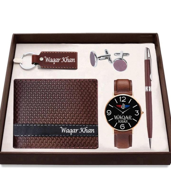 Genuine Leather 5 in 1 Customize Name Brown Gift Set | Daraz.pk