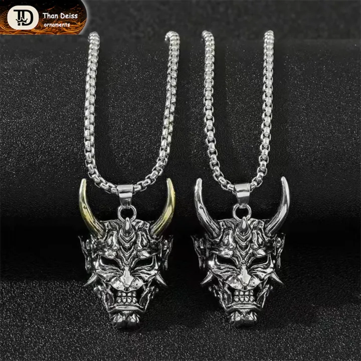 XL Gold Horn Prajna Vintage Necklace Men's Ghost Mask Pendant Hip Hop ...