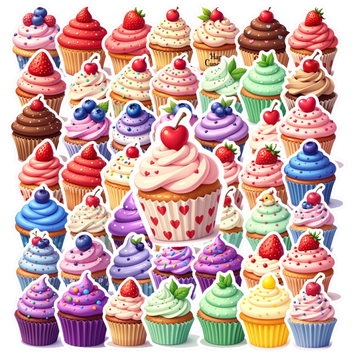 50pcs Colorful Cupcake with Berries Stickers Sweet Dessert Food ...