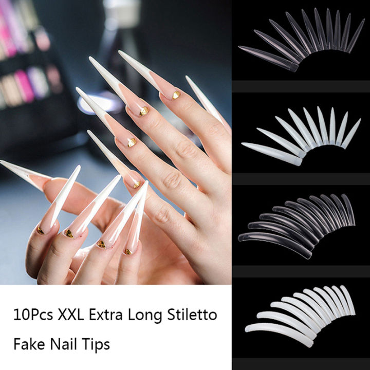 10Pcs Stiletto Nail Tips Extra Long Shape Clear Half Cover False Nail ...