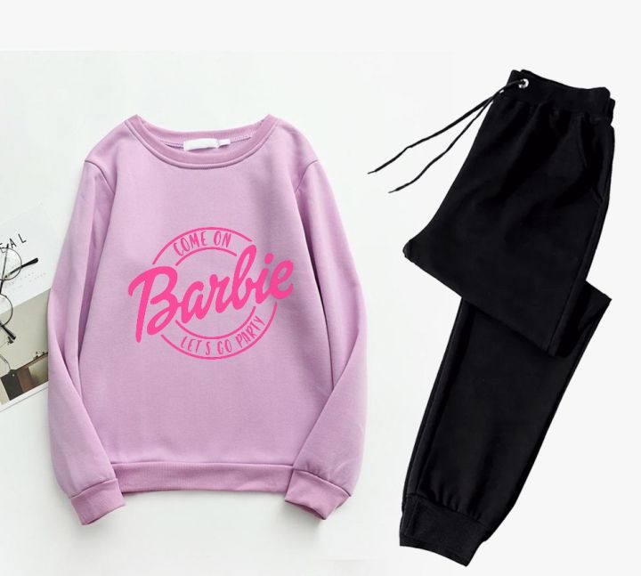 Trendy Tracksuit Barbie Print Thick & Fleece Fabric Full Sleeves Rib ...