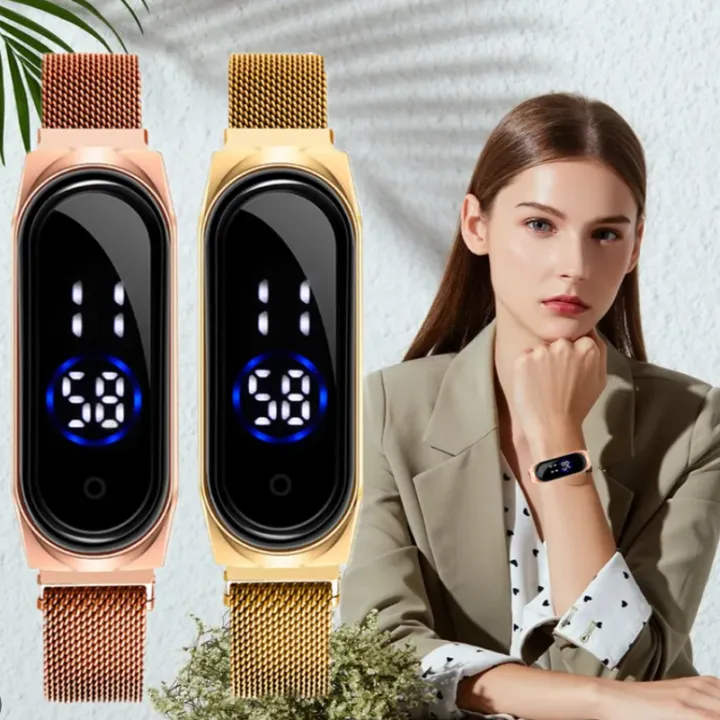 Pack Of 2 Color Stainless Steel Slim Magnet Chain LED Watch For girl ...