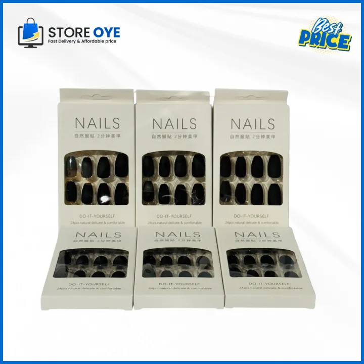 Girls Artificial Nails Set with Glue – 24 Pcs Fancy Acrylic Press-On ...