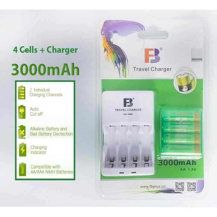 Battery AA FB Battery Charger with 4x 3000mAh Rechargeable Batteries ...