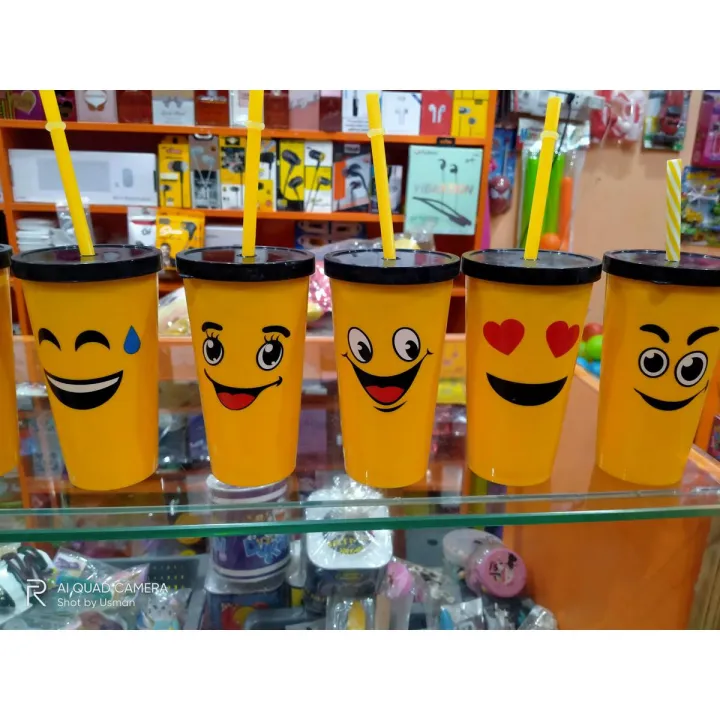 1 Piece Emoji Face Unbreakable Plastic Glass WIth Cap & Straw - Yellow ...