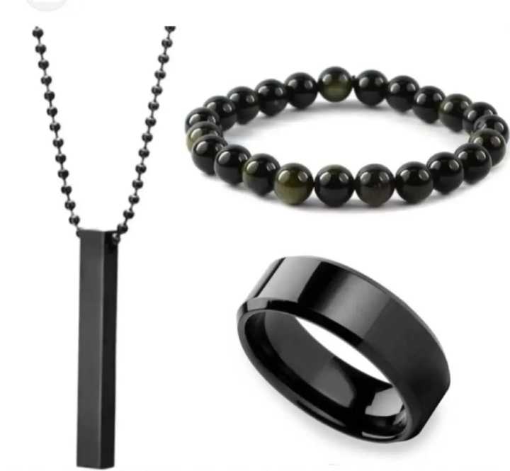 Pack Of 3 / Men's Locket Set Titanium ring + Fasion Black 3D Bar Stick ...