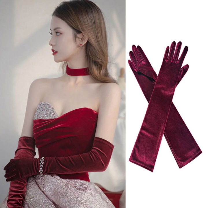 Xmas Noble Banquet Style Women Velvet Long Dinner Dress Gloves Warms ...