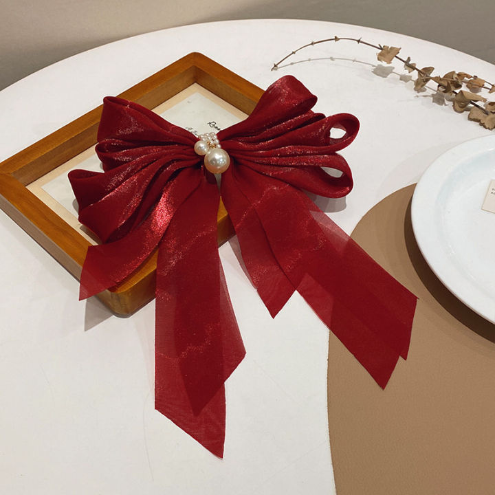Korean Big Ribbon Hair Clip Hair Ribbon Ponytail Pearl Big Organza Bow ...