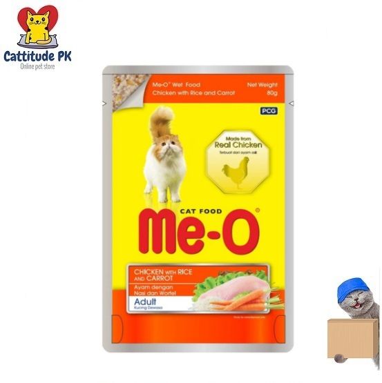 Me-O Adult Cat Wet Food Pouch Chicken, Rice & Carrot in Jelly - 80gm | Daraz.pk