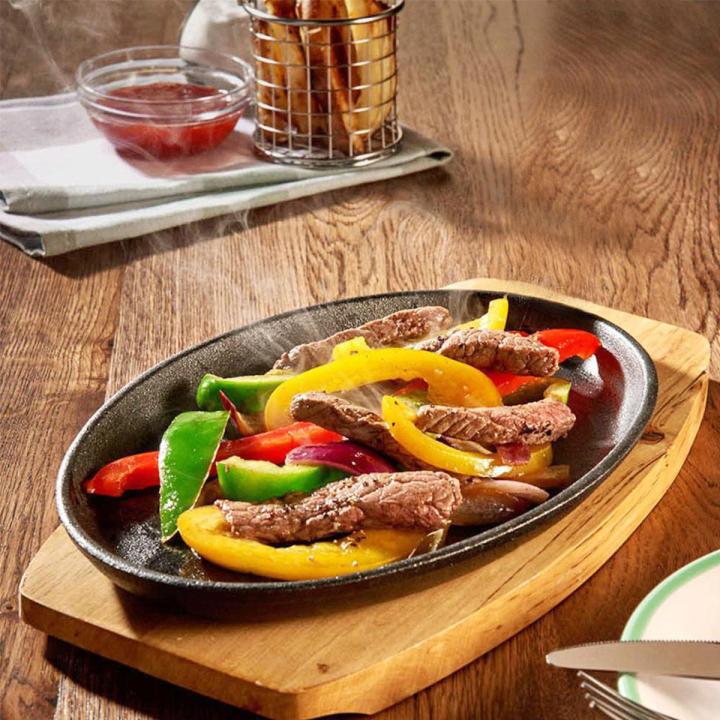 Steak Sizzle Cast Iron Sizzling Platter with Wooden Base Oval shape ...
