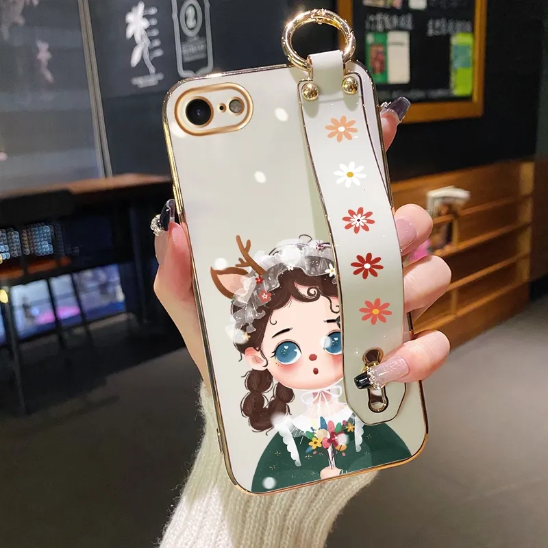 dienya For iPhone 8 Plus Case With Wristband New Design Phone Case For Girl Women Thin Pattern Fashion Cartoon Shockproof Plating Silicone Casing Full Cover SoftCase Protection Cases Daraz.pk