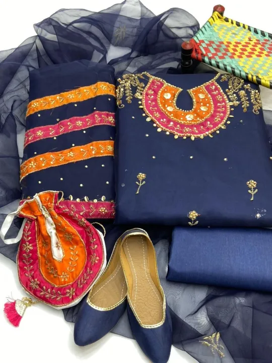 3 piece suit Shirt Organza Handmade Aari Zari beeds and gota Applic ...